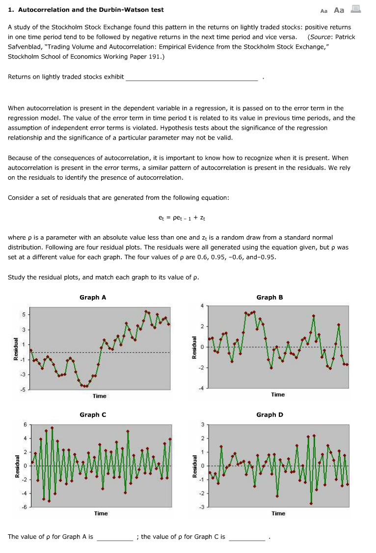 1. Autocorrelation and the Durbin-Watson test Aa Aa E | Chegg.com