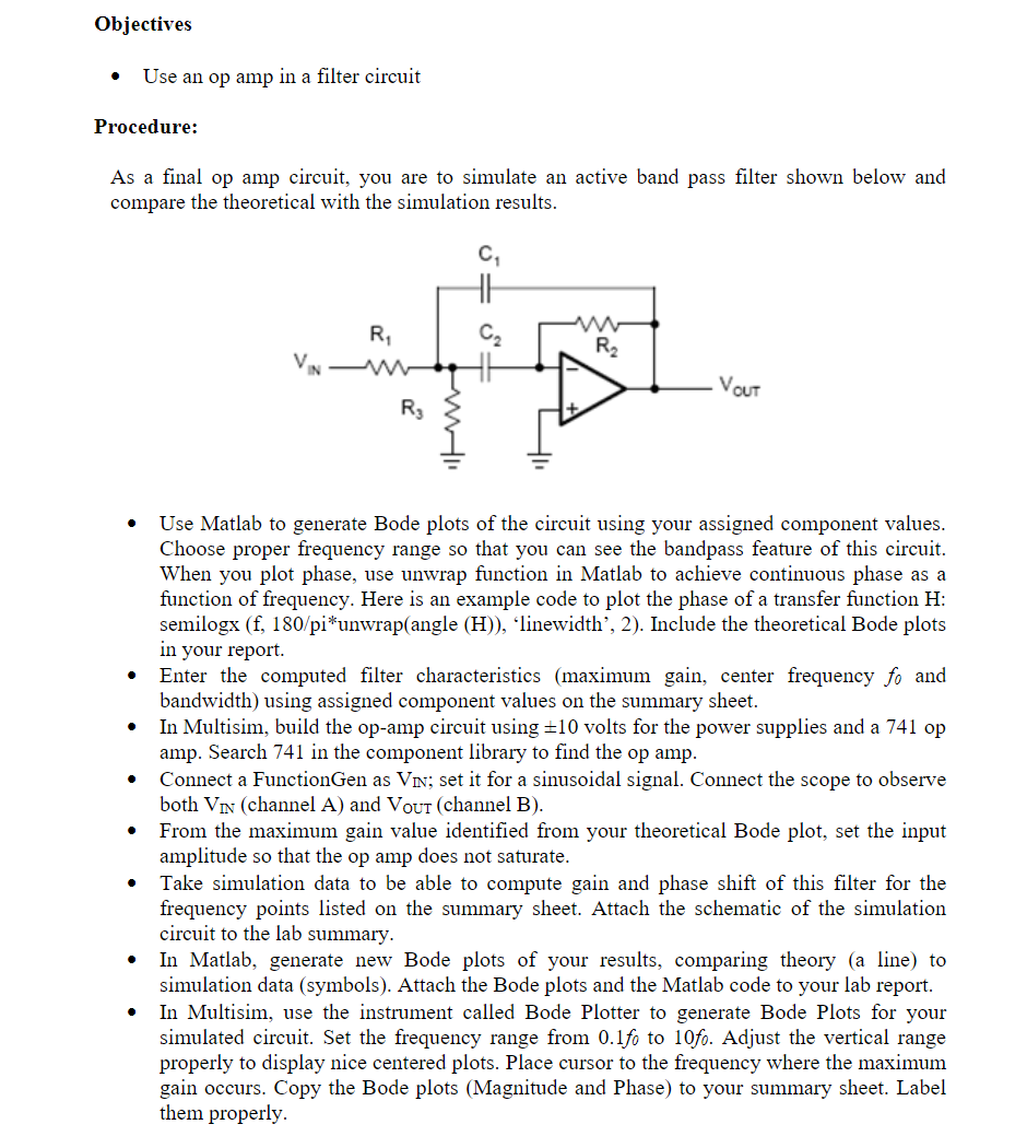 Solved Objectives Use an op amp in a filter circuit | Chegg.com