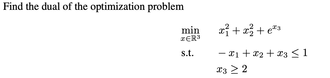 Solved Find the dual of the optimization problem minx∈R3 | Chegg.com
