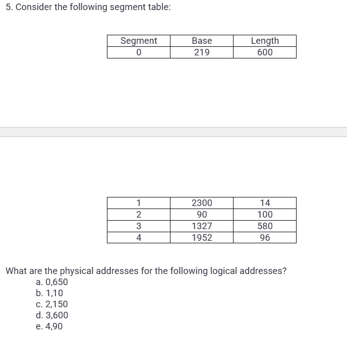 Solved 5. Consider the following segment table: What are the | Chegg.com