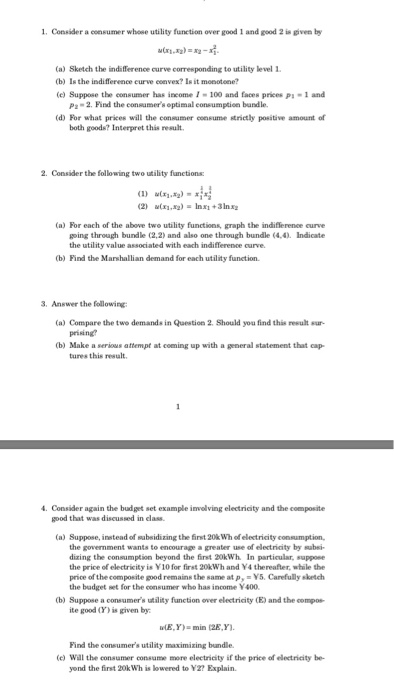 Solved 1. Consider a consumer whose utility function over | Chegg.com