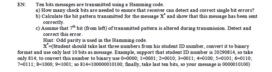Solved EN: Ten bits messages are transmitted using a Hamming | Chegg.com