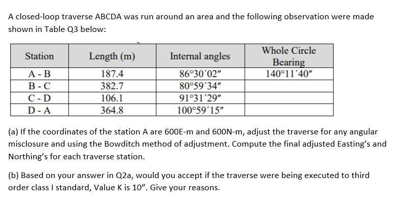 Solved A closed-loop traverse ABCDA was run around an area | Chegg.com