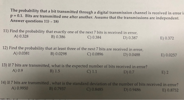 Solved The probability that a bit transmitted through a | Chegg.com