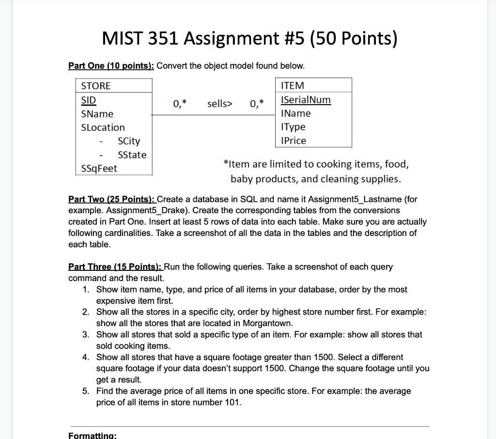Solved MIST 351 Assignment \#5 (50 Points) Part One (10 | Chegg.com