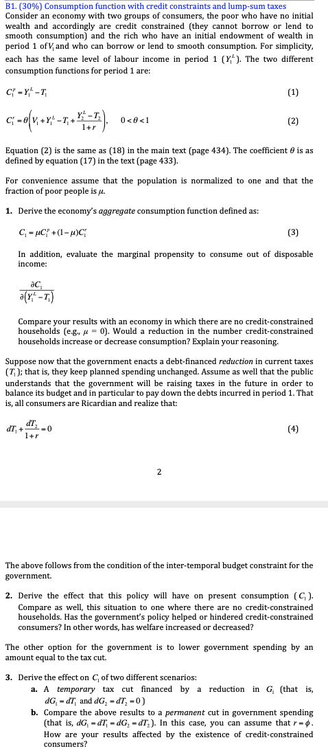 B1. (30%) Consumption function with credit | Chegg.com