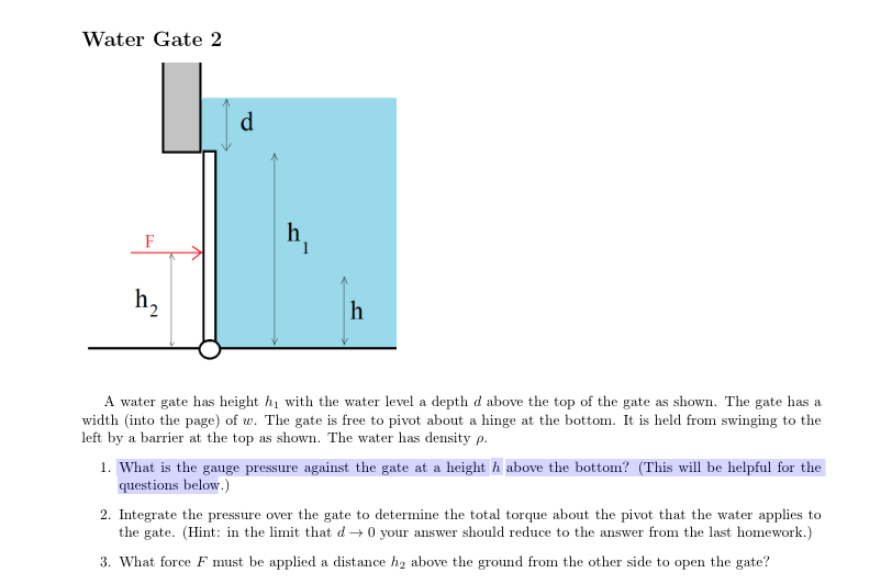 Solved Water Gate 2 d h h, h A water gate has height hy with | Chegg.com