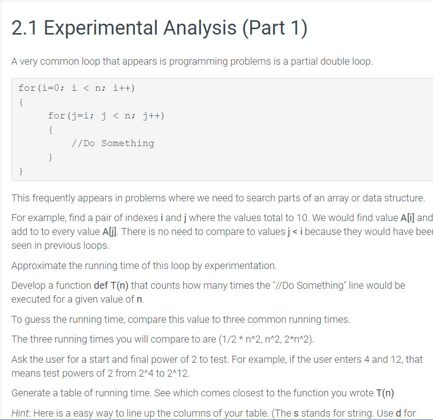 Solved 2.1 Experimental Analysis (Part 1) A very common loop | Chegg.com
