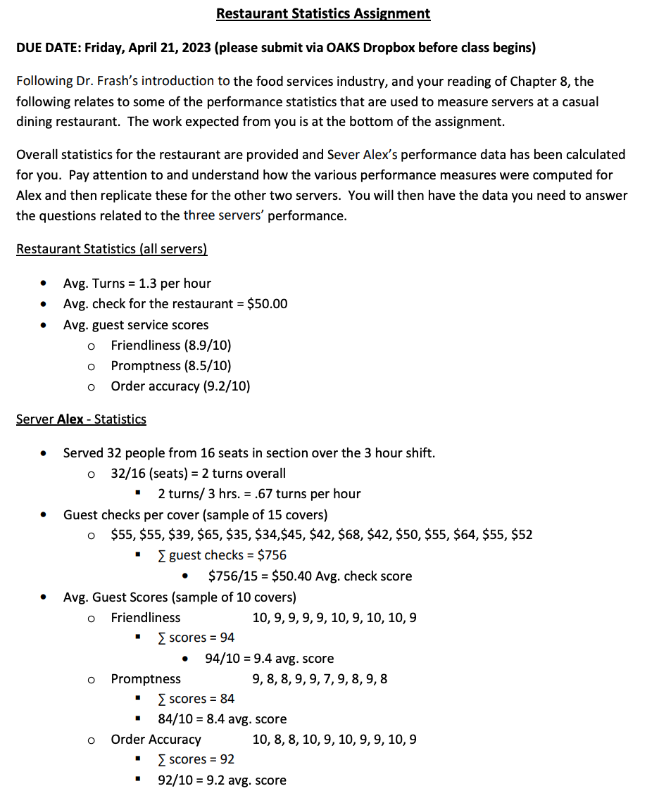 Solved Restaurant Statistics Assignment DUE DATE: Friday, | Chegg.com