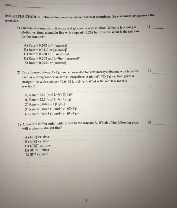 Solved Name MULTIPLE CHOICE. Choose the one alternative that | Chegg.com