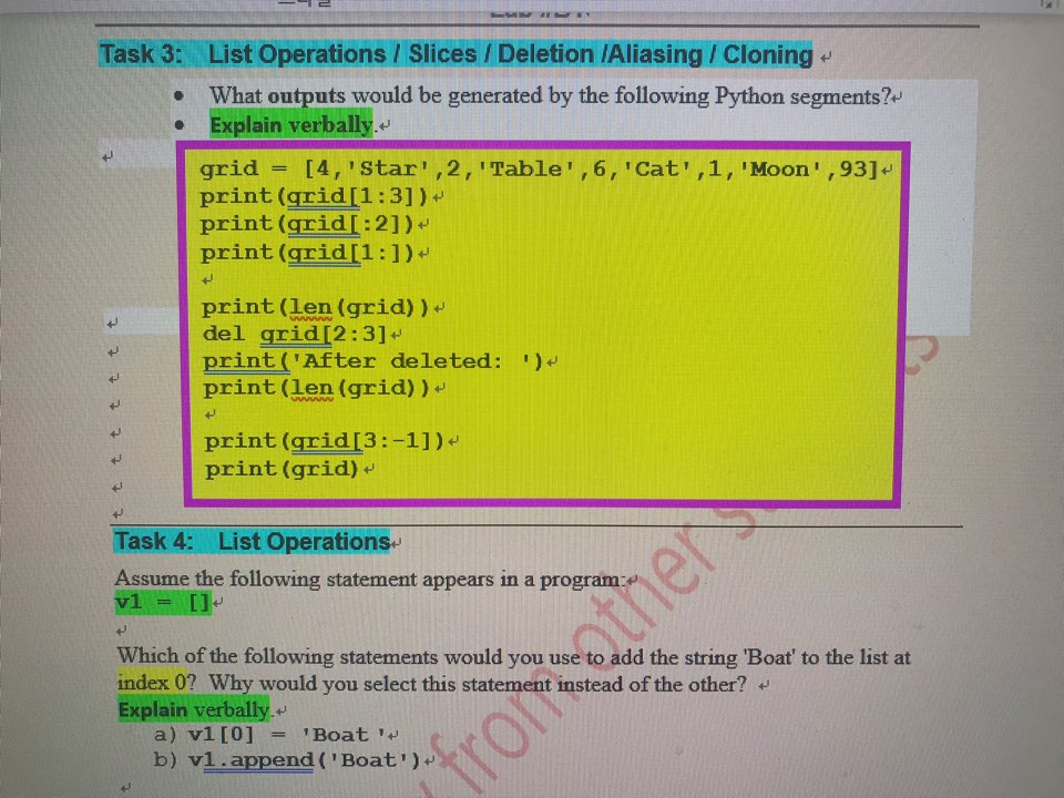 Solved Task 3: List Operations / Slices /Deletion /Aliasing | Chegg.com