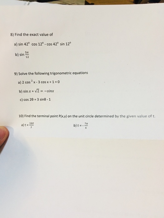 Solved 8) Find the exact value of a) sin 42° cos 12- cos 42° | Chegg.com