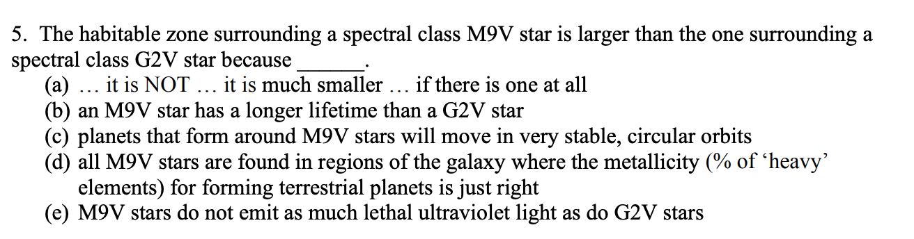 Solved 5. The habitable zone surrounding a spectral class | Chegg.com