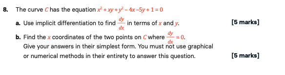 Solved 8. The curve C has the equation x2+xy+y2−4x−5y+1=0 a. | Chegg.com