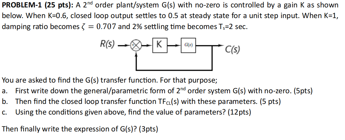 Solved PROBLEM-1 (25 pts): A 2nd order plant/system G(s) | Chegg.com