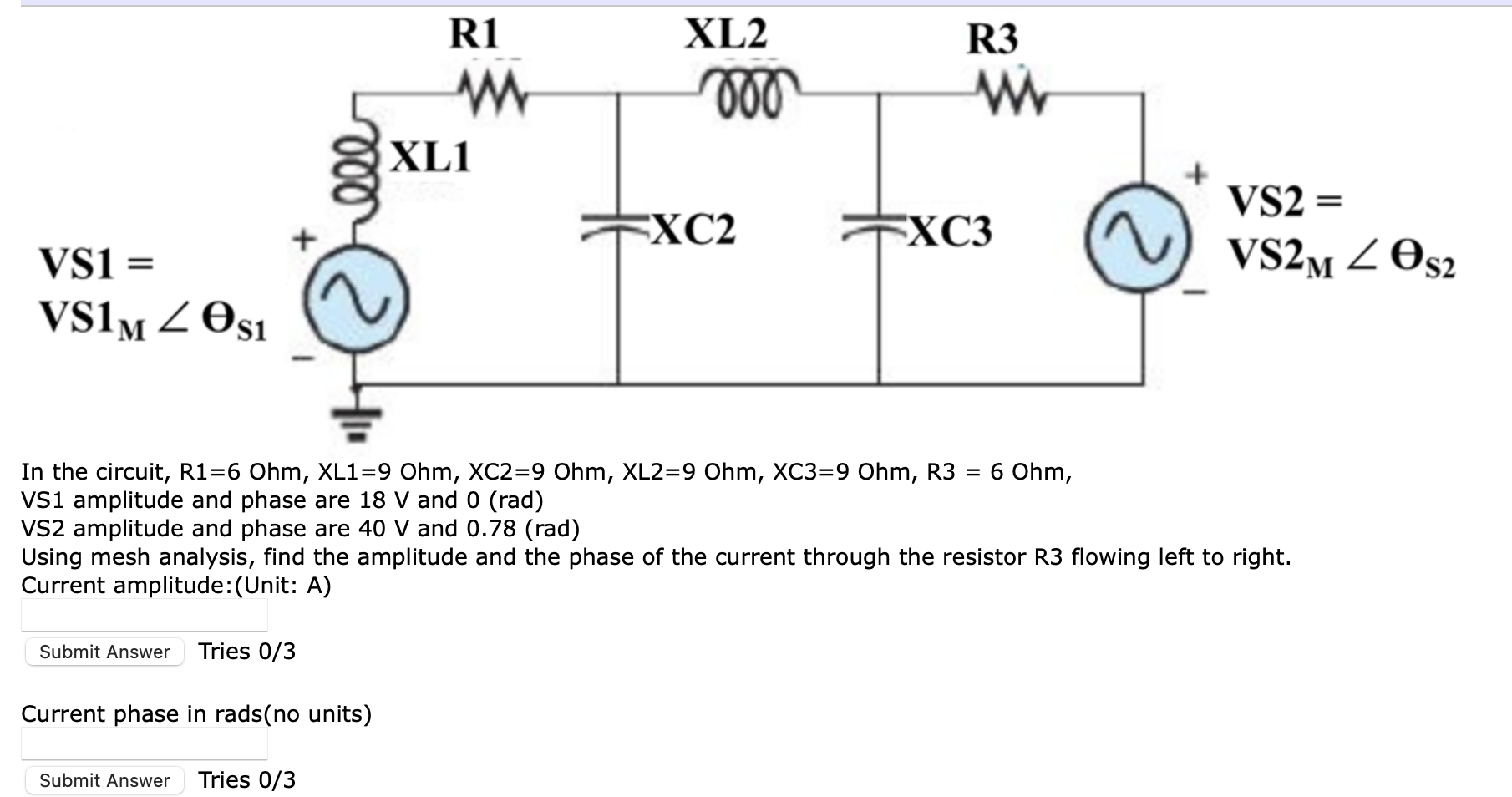 Solved In the circuit, R1=6 ﻿Ohm, XL1=9 ﻿Ohm, XC2=9 ﻿Ohm, | Chegg.com