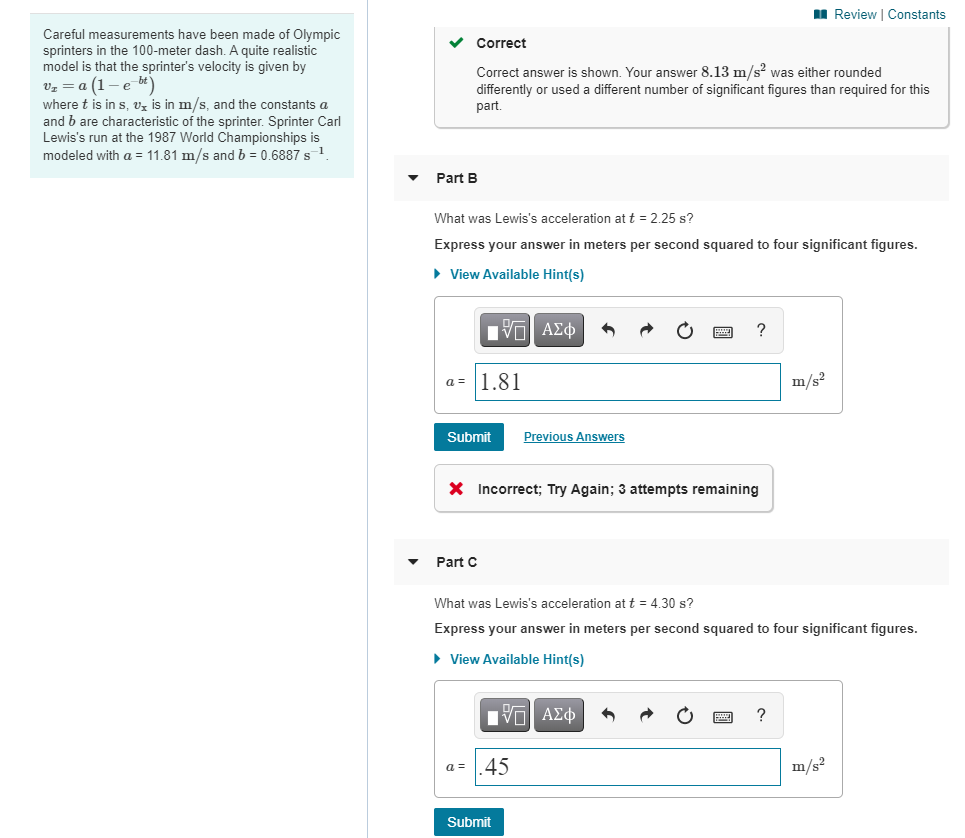 Solved Review Constants Correct Careful measurements have | Chegg.com