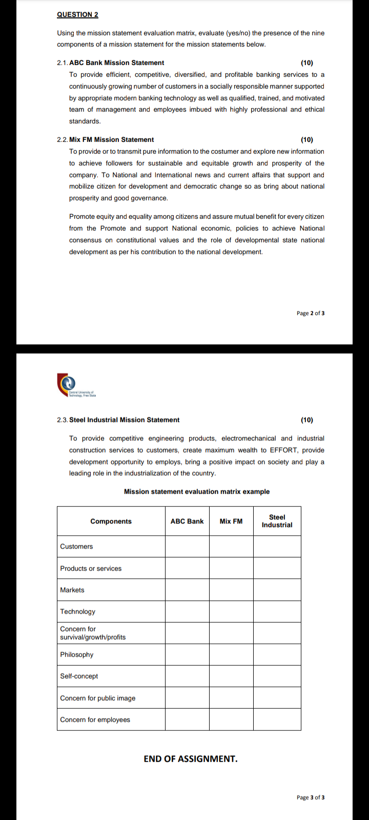 QUESTION 2 Using the mission statement evaluation | Chegg.com