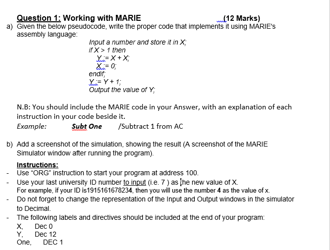 Question 1: Working with MARIE 12 Marks) a) Given the | Chegg.com