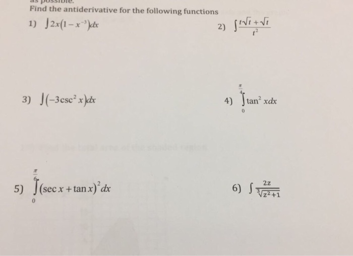 Solved Find the antiderivative for the following functions | Chegg.com