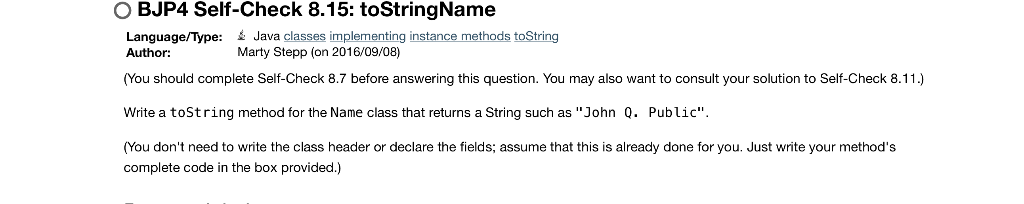 Solved 8.15: toStringName Write a toString method for the | Chegg.com