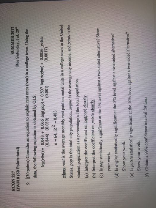 Solved Consider an equation to explain rent rates (rent) in | Chegg.com