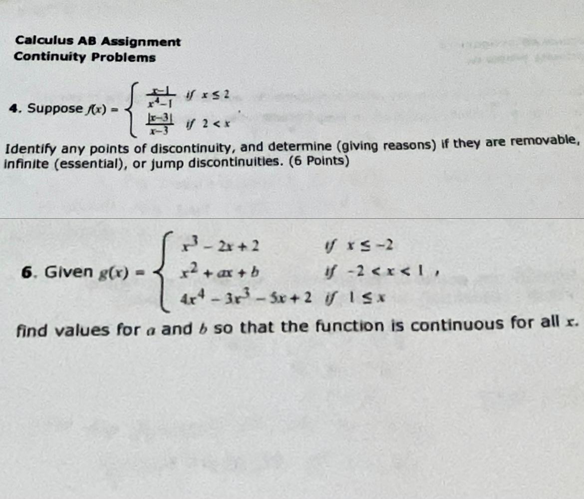 Solved Calculus AB Assignment Continuity Problems 4. Suppose | Chegg.com