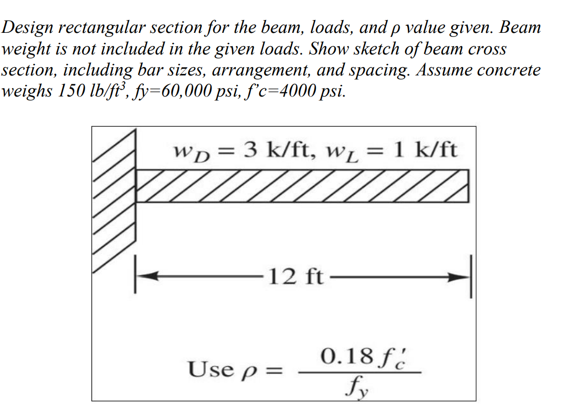 Solved Design rectangular section for the beam, loads, and ρ | Chegg.com