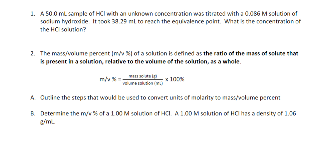 Solved 1. A 50.0 mL sample of HCl with an unknown | Chegg.com