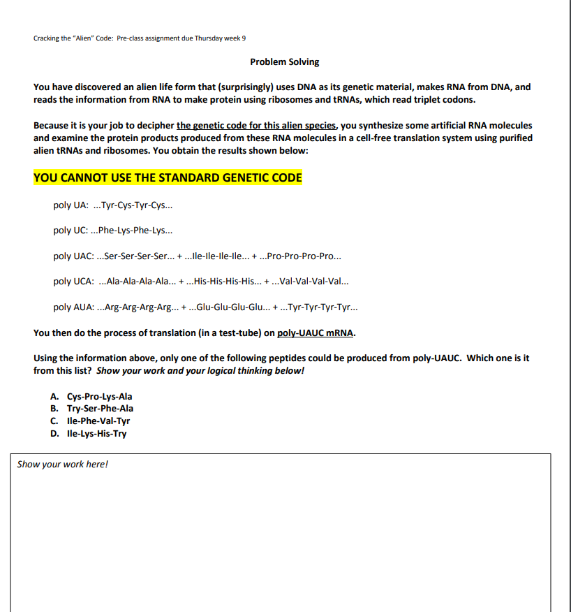 Solved Cracking the "Alien" Code: Pre-class assignment due | Chegg.com