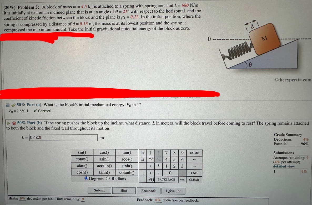 (20%) Problem 5: A block of mass m=4.5 kg is attached | Chegg.com