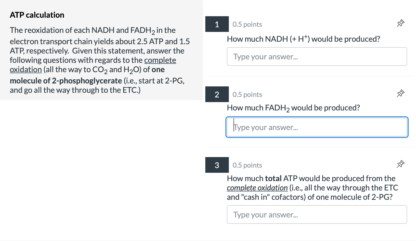 Solved ATP calculation 1 0.5 points How much NADH (+H+) | Chegg.com