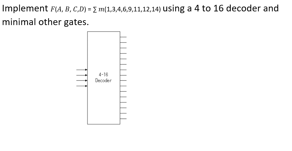 Solved Implement F(A, B, C,D)=Σ m(1,3,4,6,9,11,12,14) using | Chegg.com