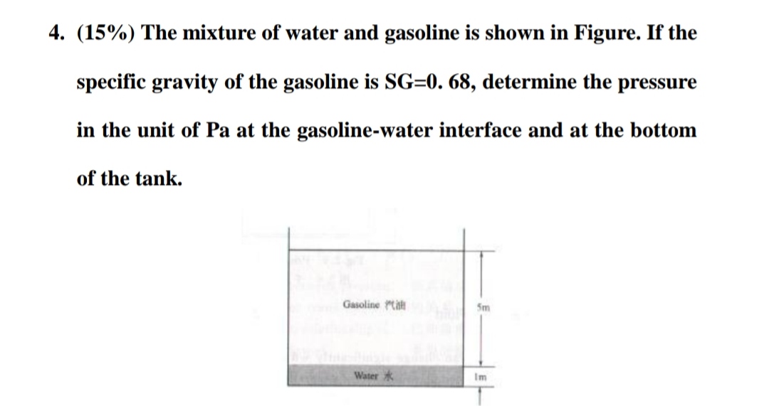 Solved 4. (15\%) The mixture of water and gasoline is shown | Chegg.com
