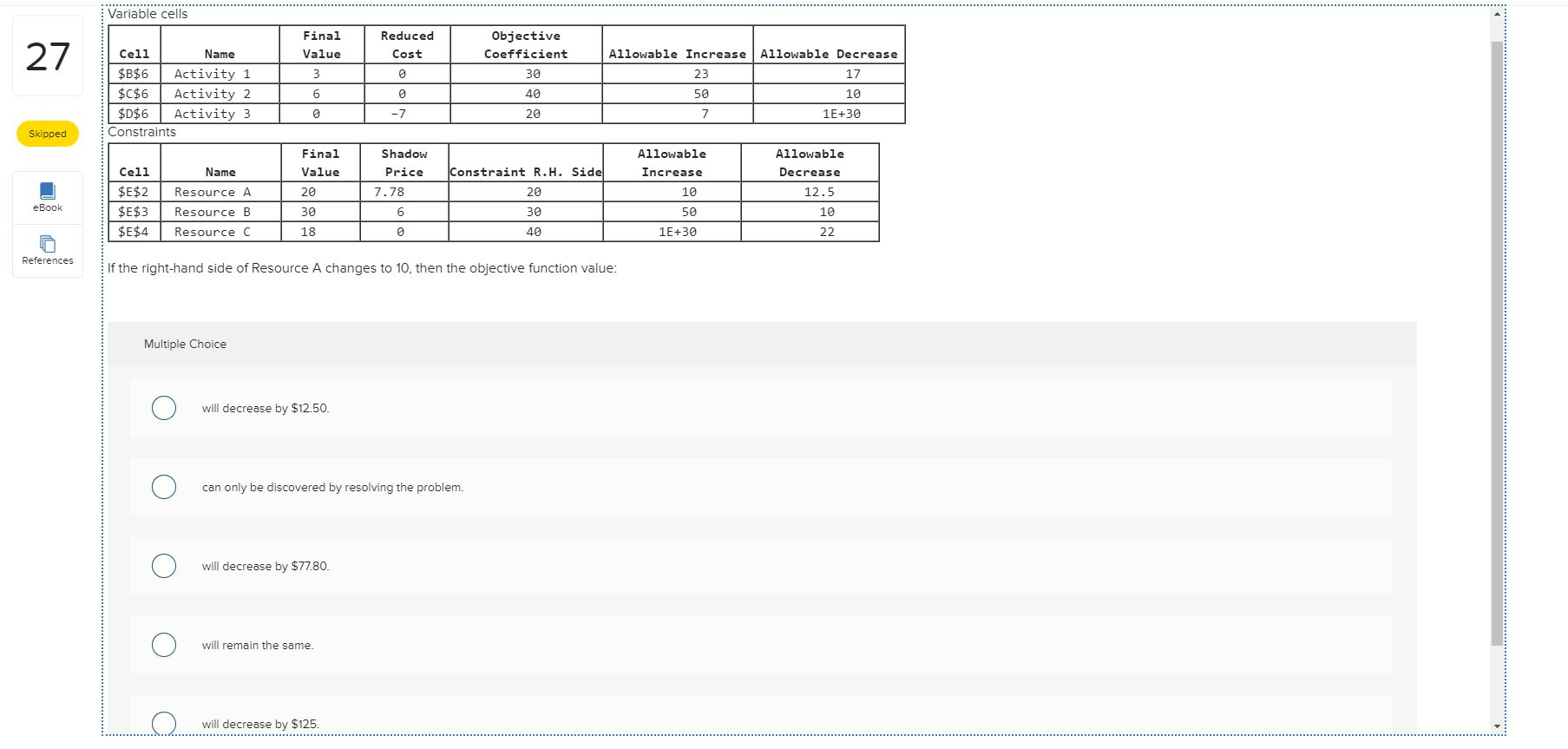 Solved Variable cells 27 Final Value 3 Reduced Cost | Chegg.com