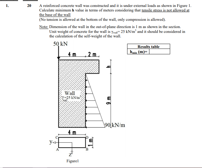 Solved 1. 20 A reinforced concrete wall was constructed and | Chegg.com