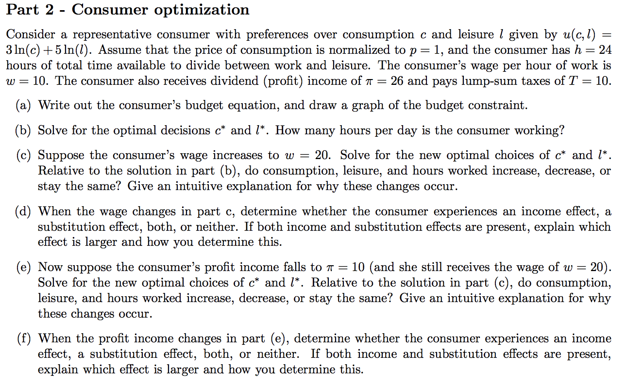 Part 2 - Consumer optimization Consider a | Chegg.com