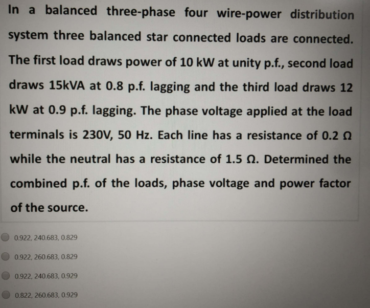 Solved In a balanced three-phase four wire-power | Chegg.com