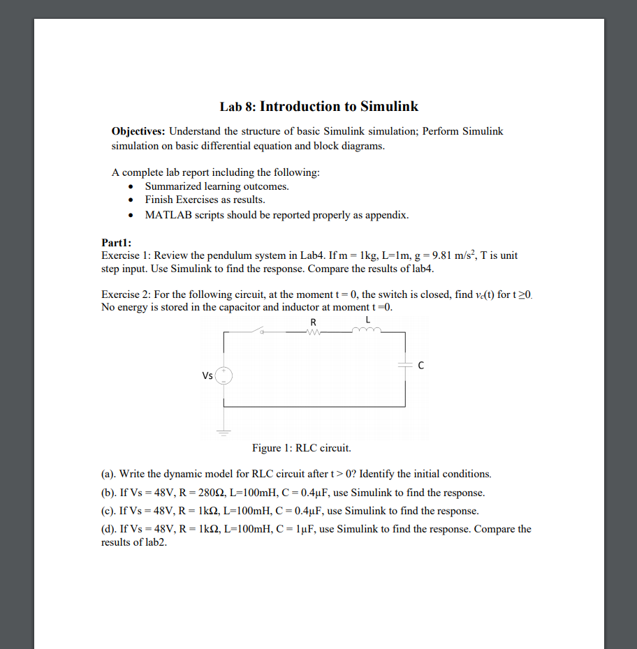 Lab 8: Introduction to Simulink Objectives: | Chegg.com