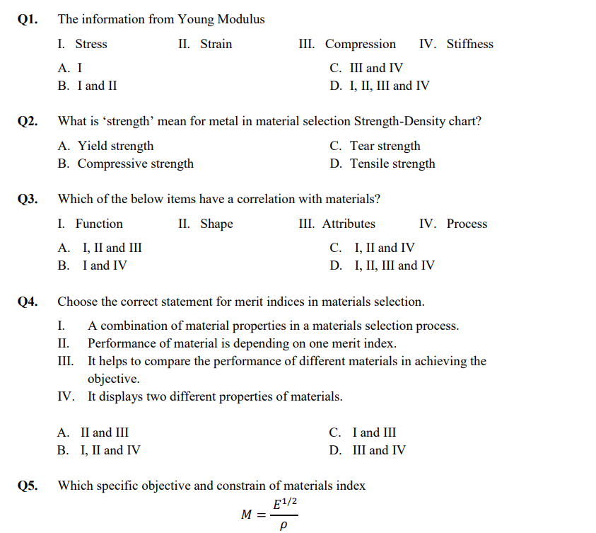 Solved Q1. The information from Young Modulus I. Stress II. | Chegg.com