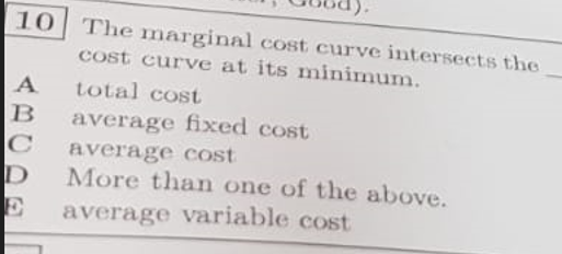 Solved 10 ﻿The marginal cost curve intersects thecost curve | Chegg.com