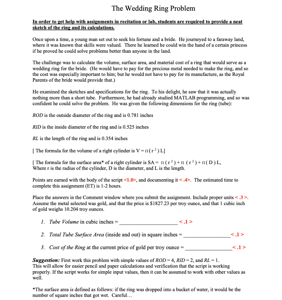 Solved The Wedding Ring Problem In order to get help with | Chegg.com