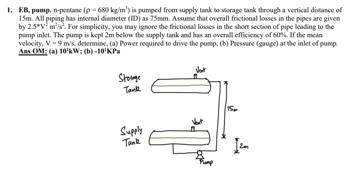 Solved 1. EB, pump. n-pentane (ρ=680 kg/m3) is pumped from | Chegg.com