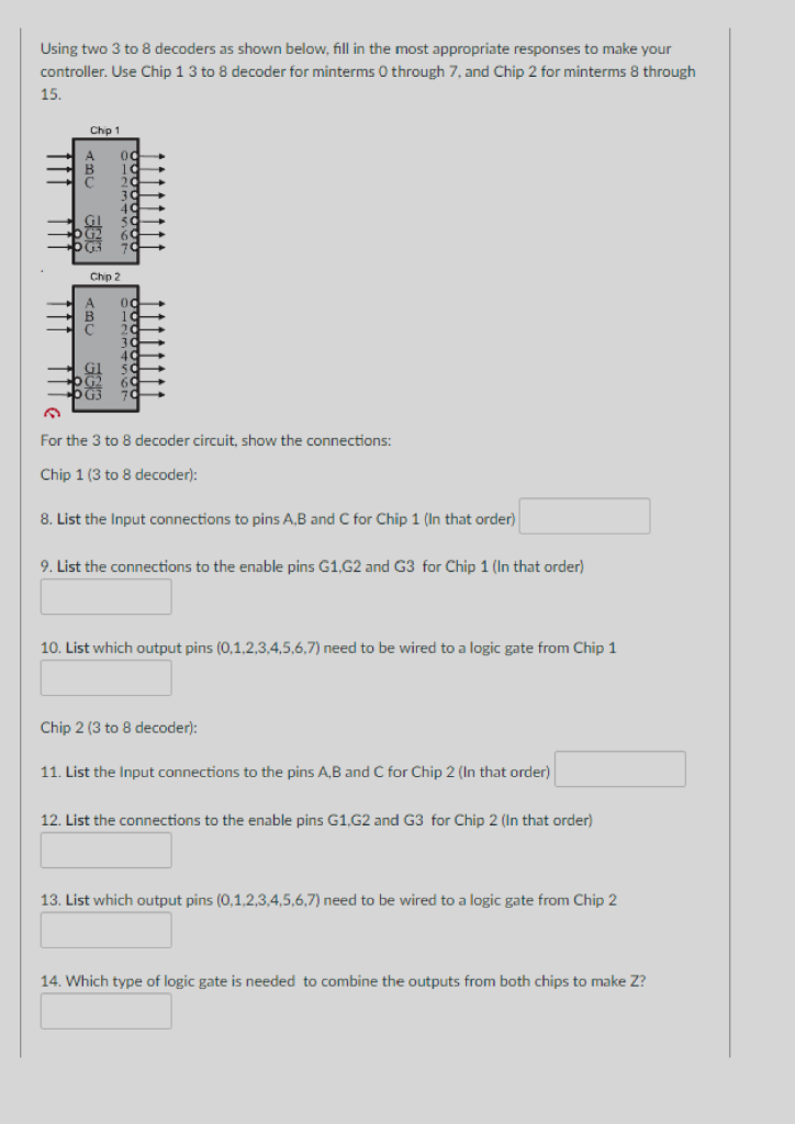 Solved Using two 3 to 8 decoders as shown below, fill in the | Chegg.com