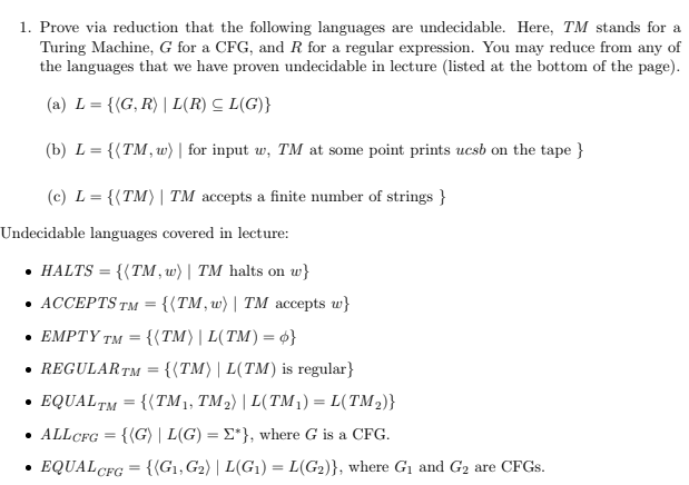 Solved 1. Prove via reduction that the following languages | Chegg.com