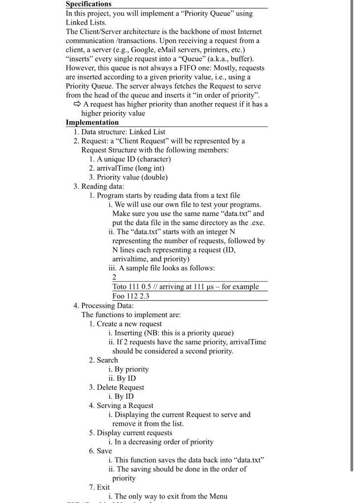 Specifications In this project, you will implement a | Chegg.com