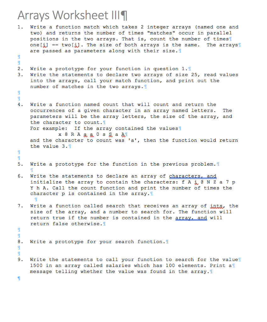 Arrays Worksheet IlT 1. Write a function match which | Chegg.com