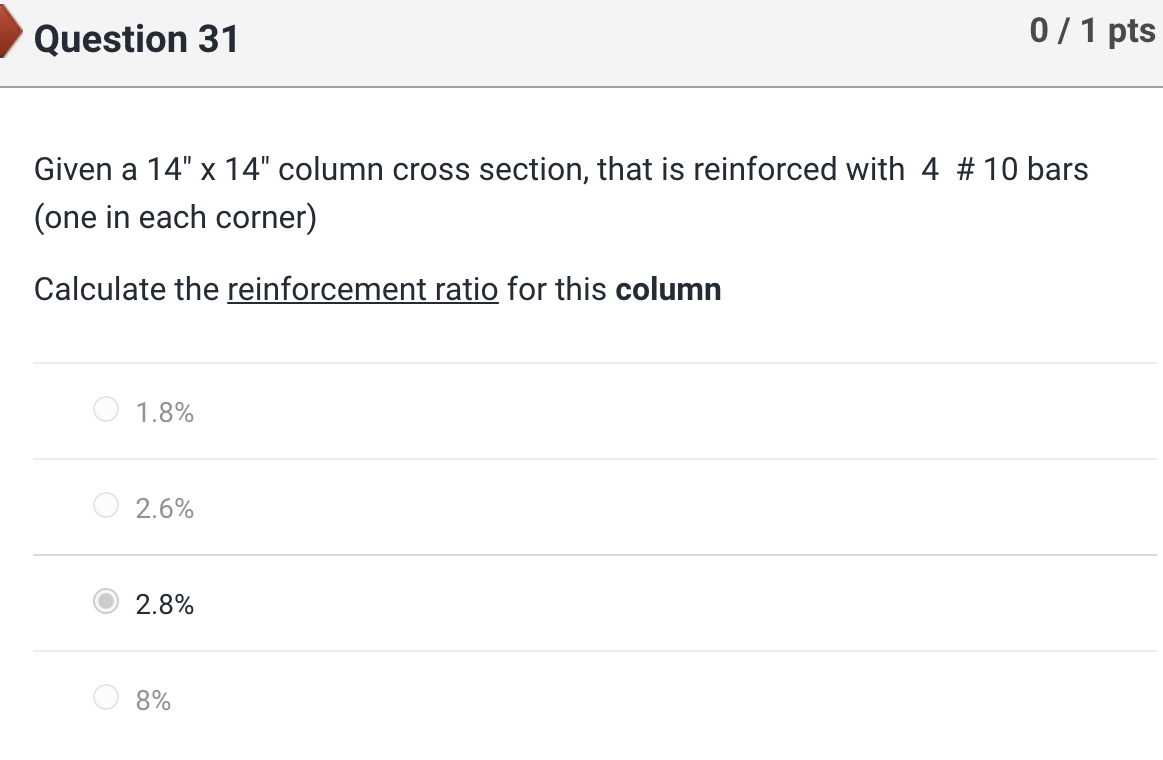 Solved Question 31 0 / 1 pts Given a 14" x 14" column cross | Chegg.com