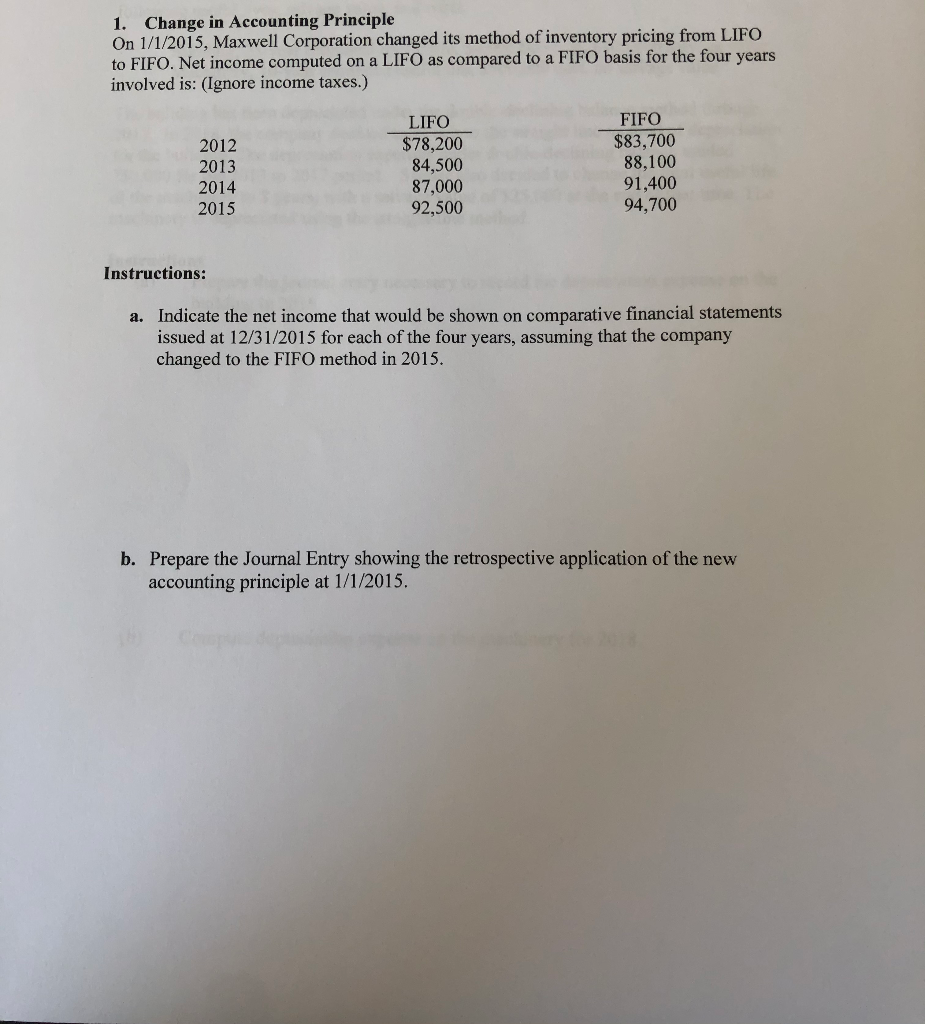 Solved 1. Change in Accounting Principle On 1/1/2015, | Chegg.com