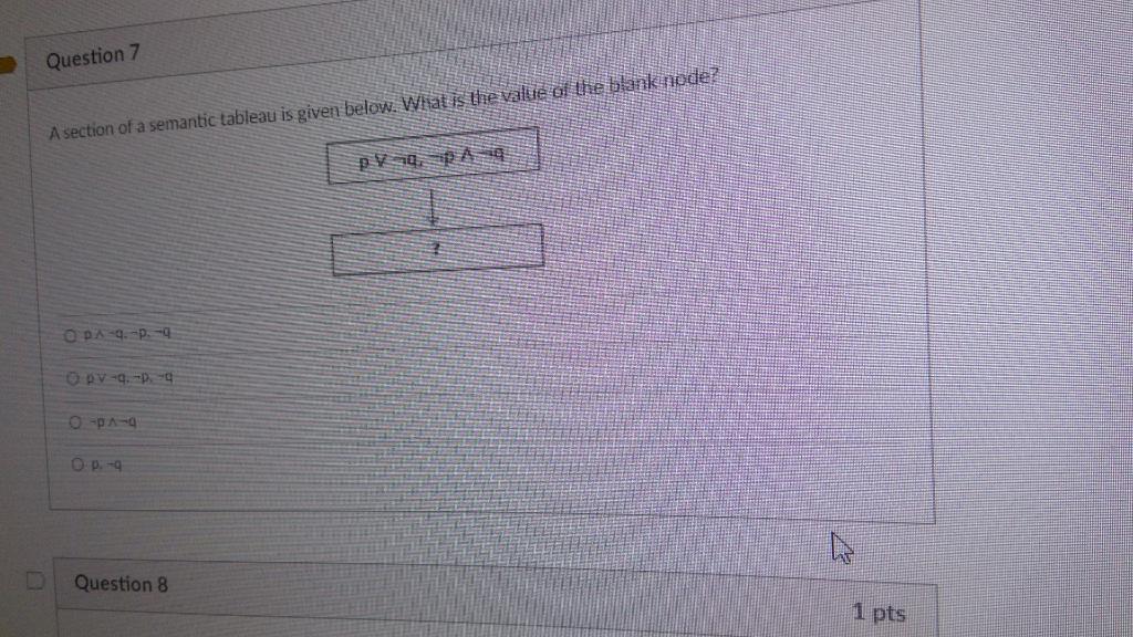 Solved Question 7 A section of a semantic tableau is given | Chegg.com